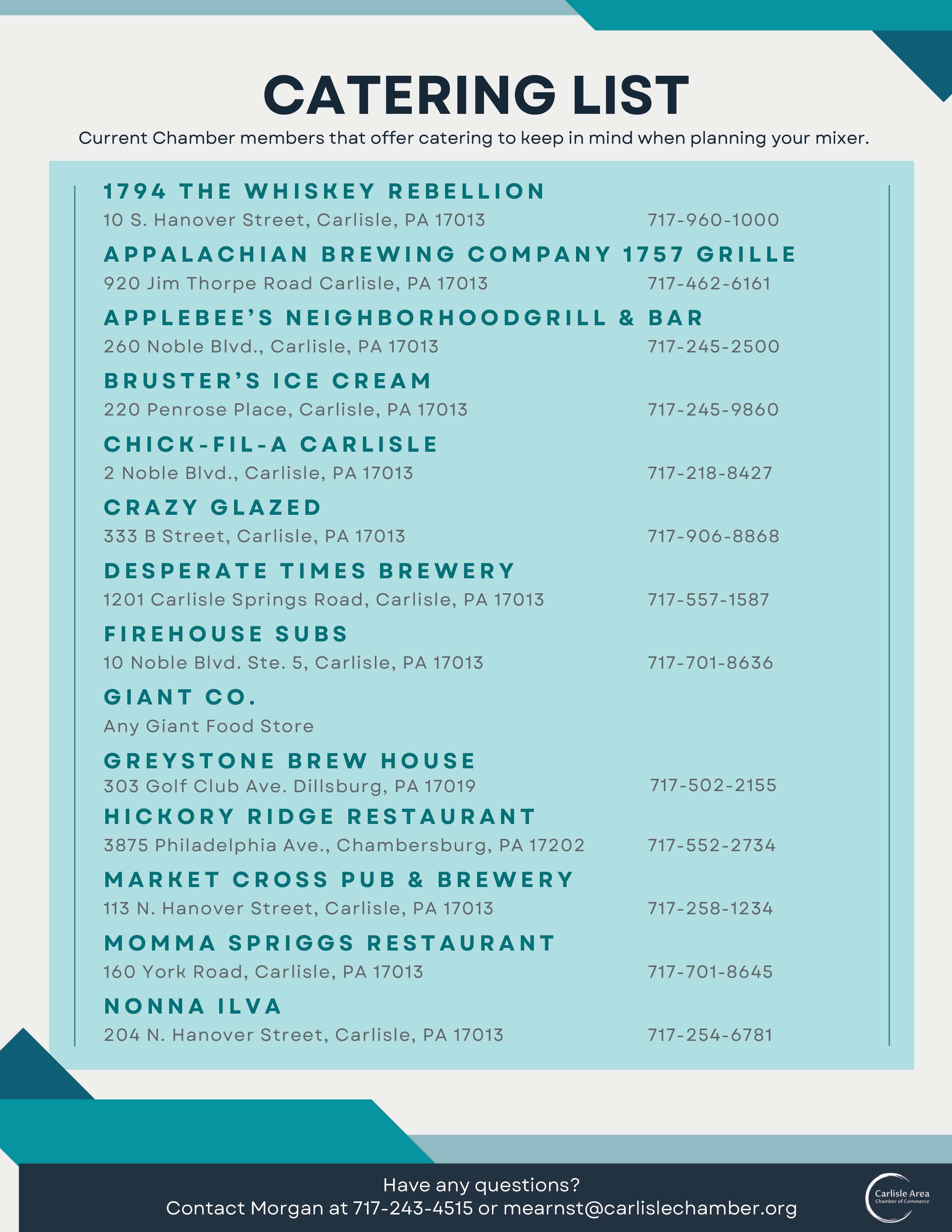 Catering List for Mixers - Carlisle Area Chamber of Commerce